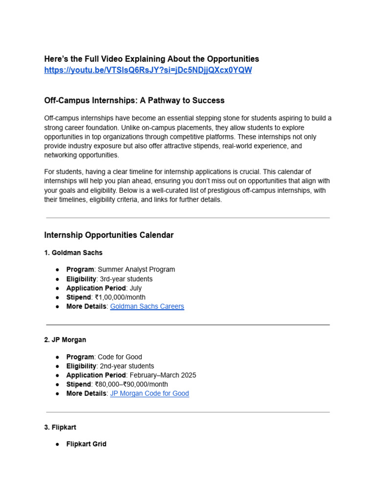 Internship Calendar 2025 | PDF