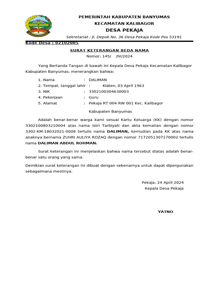 Blangko Surat Keterangan Beda Nama | PDF