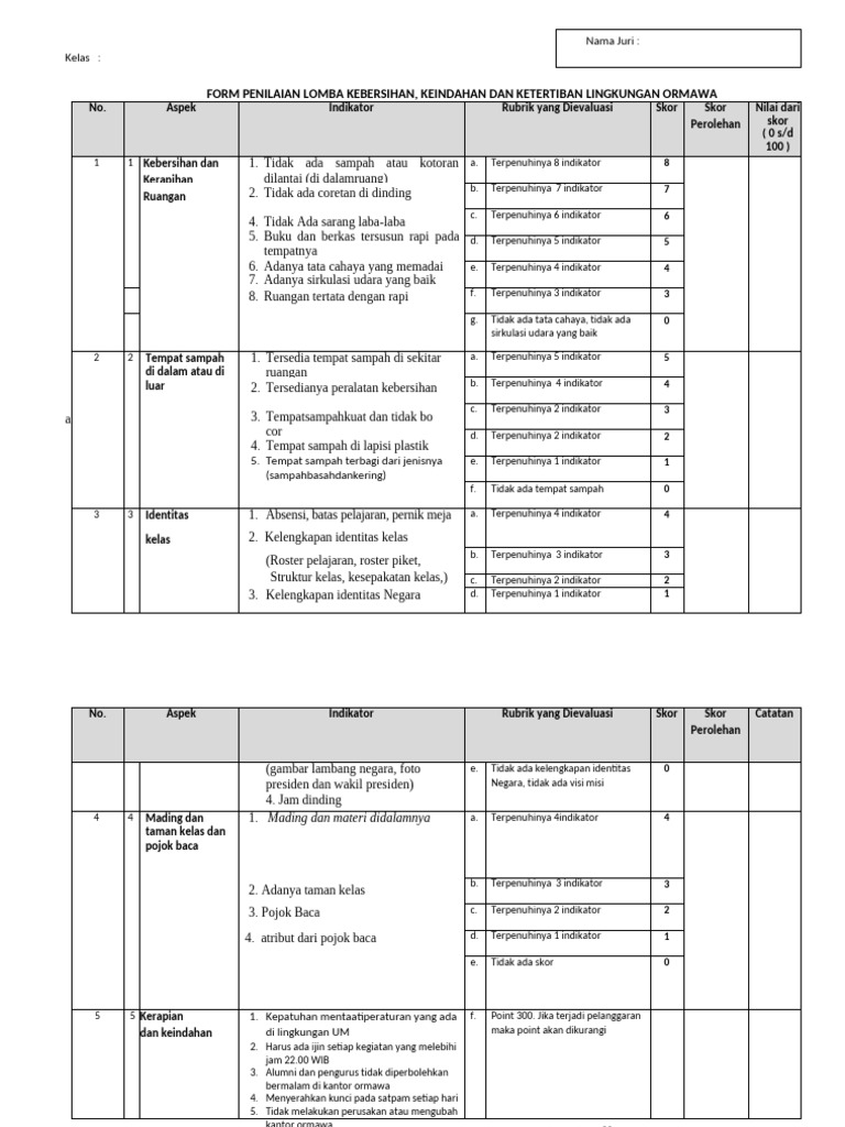 1.FORM PENILAINAN. KEBERSIHAN KEINDAHAN DAN KETERTIBAN LINGKUNGAN Docx2 | PDF