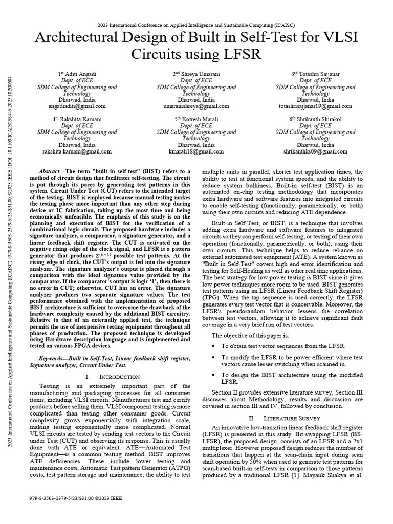 Architectural Design of Built in Self-Test For VLSI Circuits Using LFSR ...
