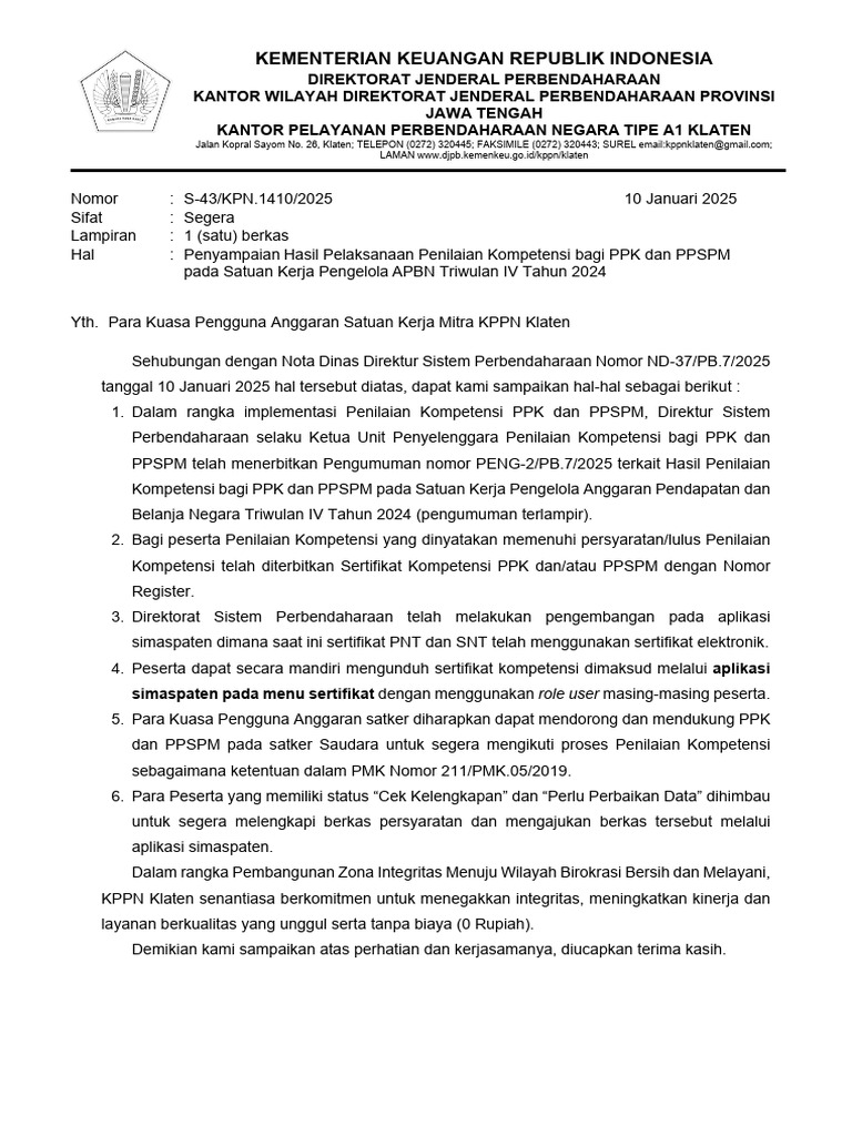 Hasil Penilaian Kompetensi PPK 2024 | PDF