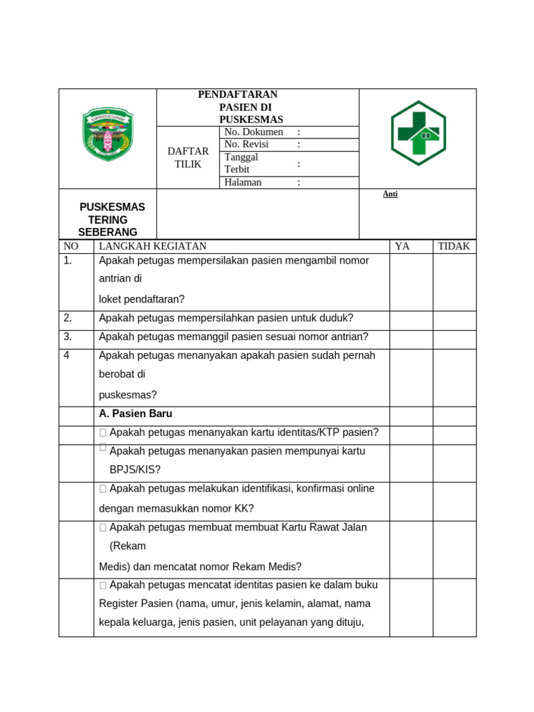 Daftar Tilik Pendaftaran Pasien | PDF