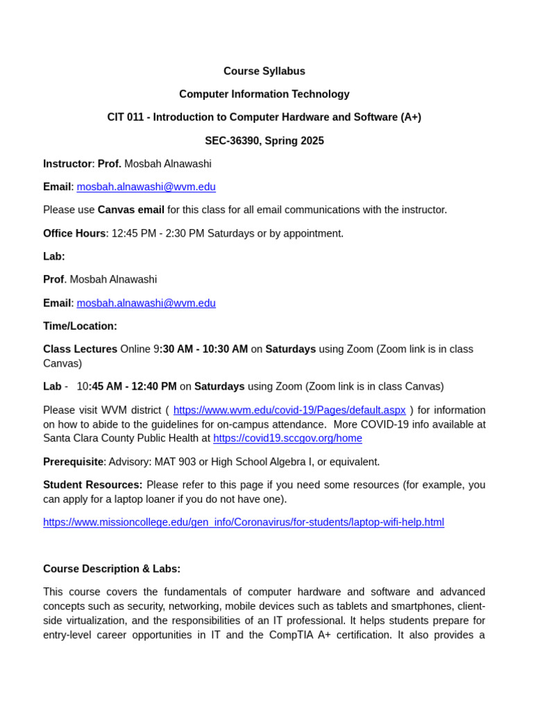 Course Syllabus CIT 011 - Introduction To Computer Hardware and ...