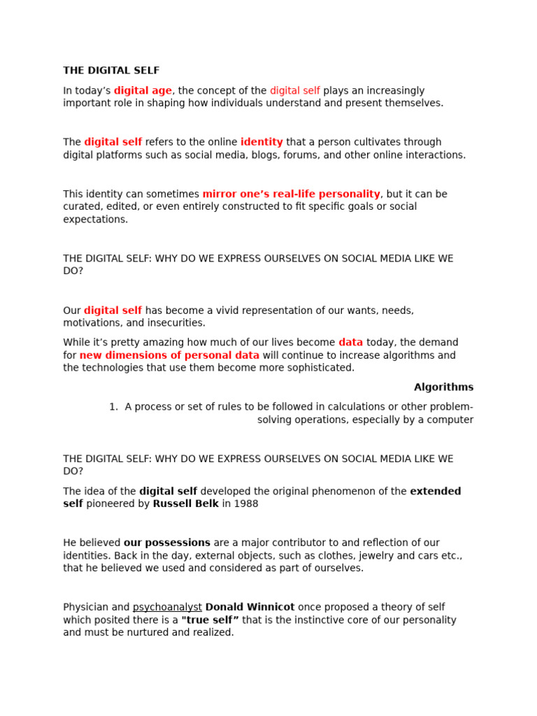 THE DIGITAL SELF - US 101 | PDF | Self | Selfie