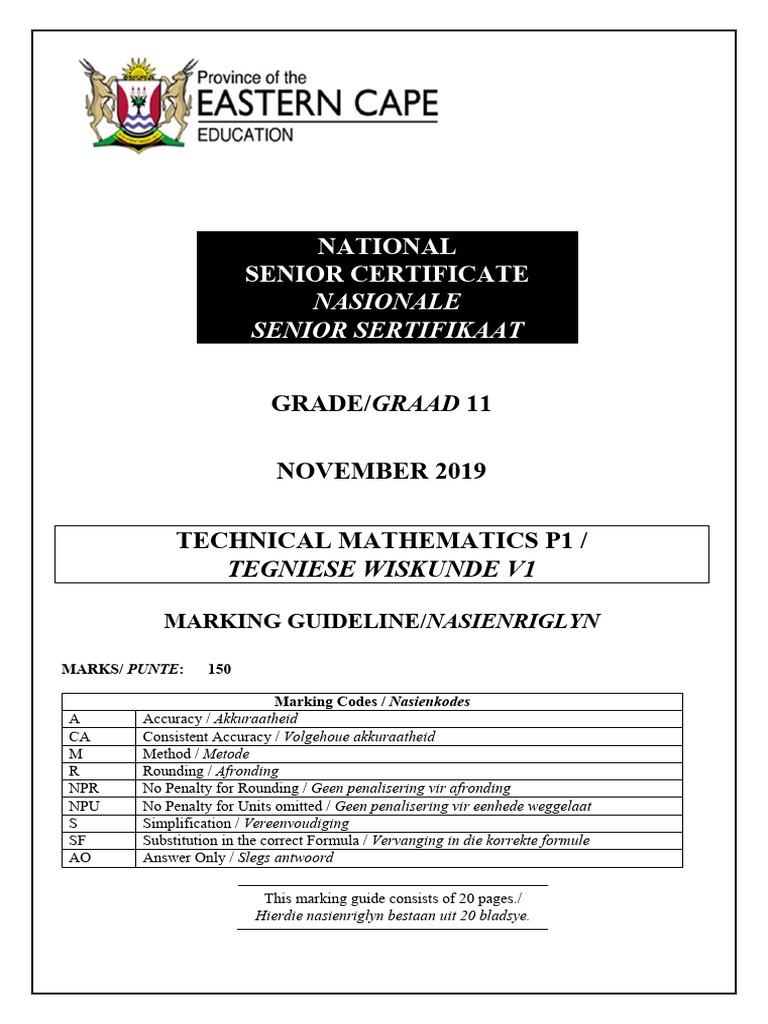 TECH. MATHS PI GR11 MEMO NOV2019 - Engl&Afr. | PDF | Elementary Mathematics | Arithmetic