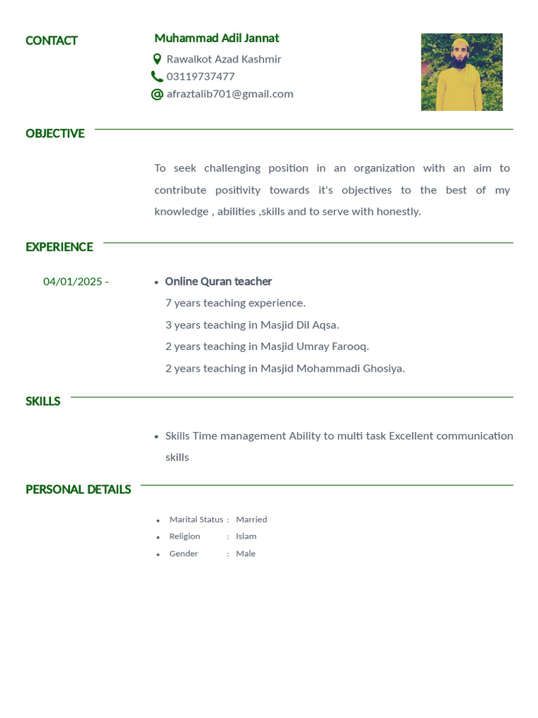 Online Quran Teacher Resume | PDF