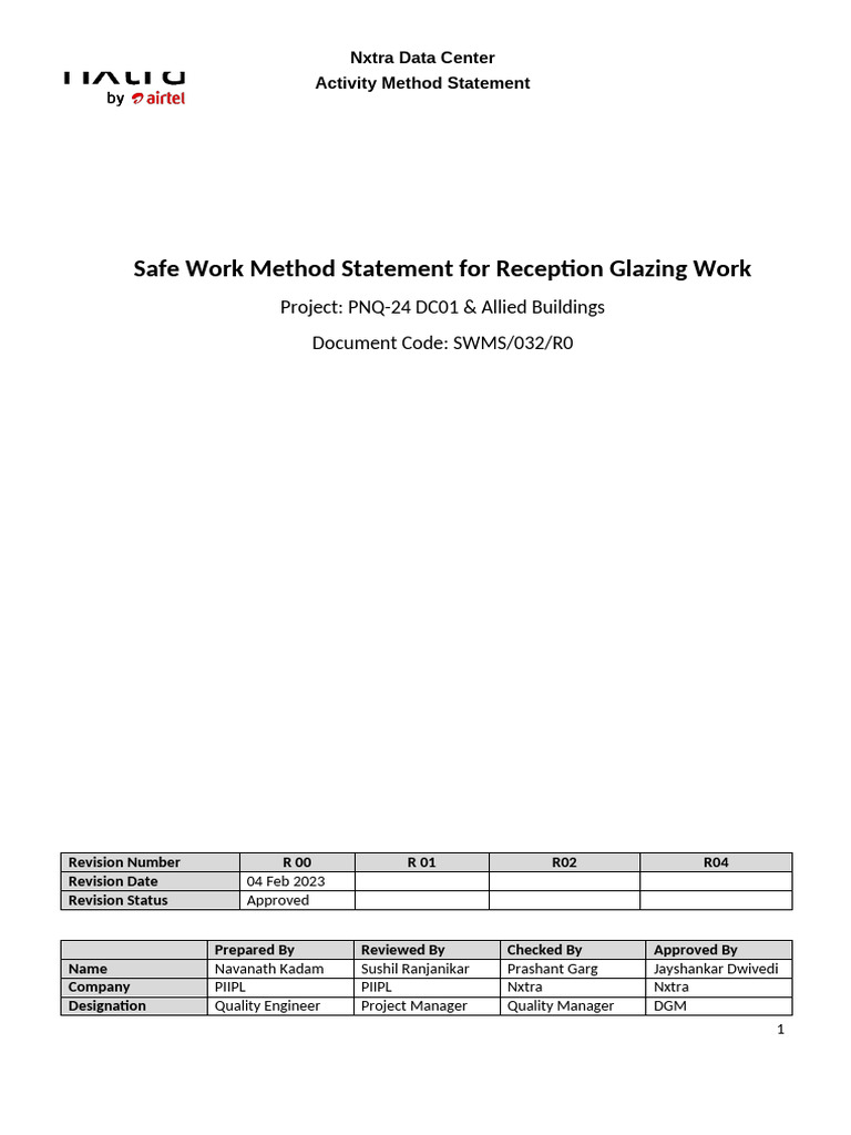 Method Statement - Reception Glazing & Canopy Work - PNQ-24 DC01 & Allied Buildings | PDF ...