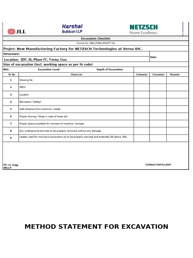 Excavation Method Statement Checklist | PDF | Surveying | Specification ...