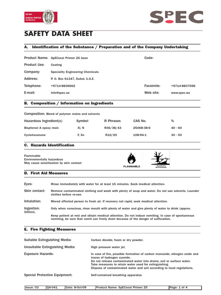 Msds Specseal Primer 25 Base | PDF | Water | Personal Protective Equipment