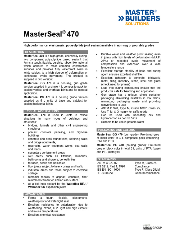 Masterseal GG PG 470 Tds | PDF | Concrete | Secondary Sector Of The Economy