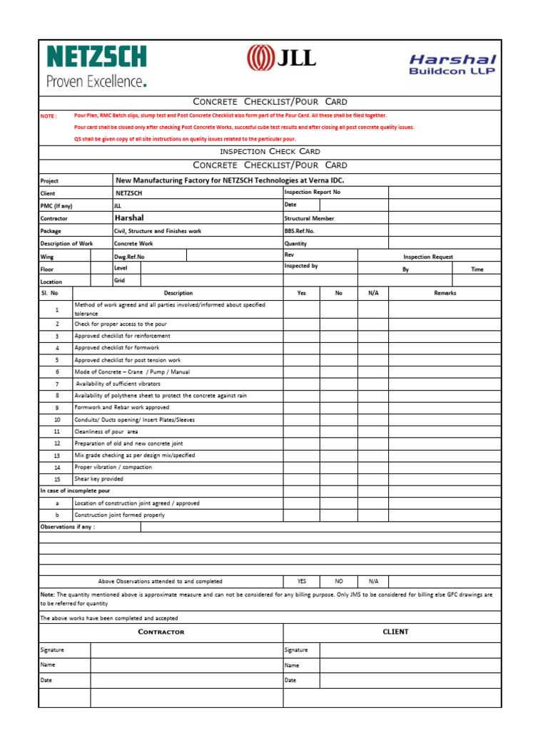 3 - Checklist Concrete-Pour Card | PDF | Concrete | Building Technology