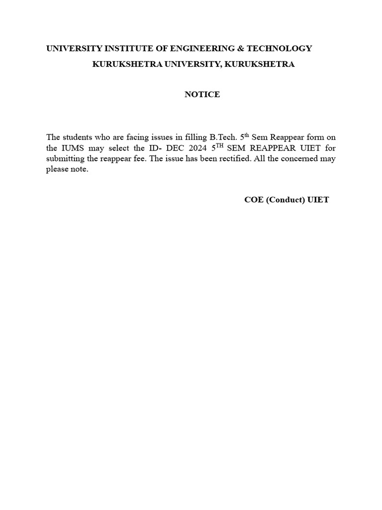 B.Tech 5th Sem Reappear Form Notice | PDF