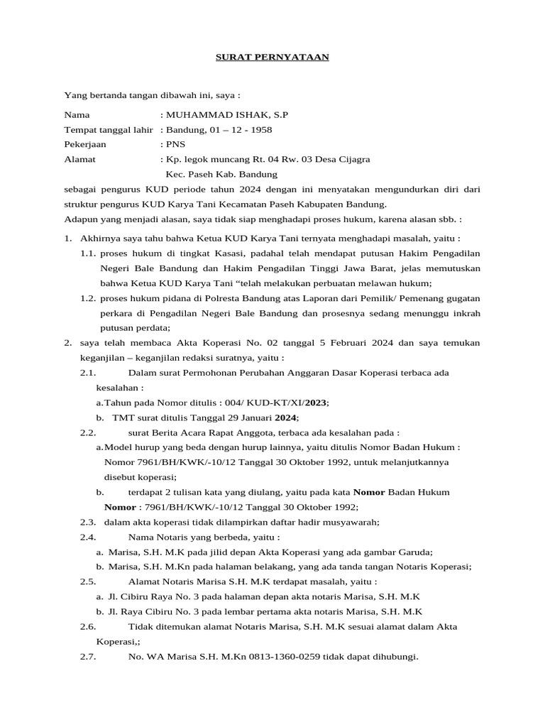 SURAT PERNYATAAN PENGUNDURAN DIRI PA ISHAK | PDF