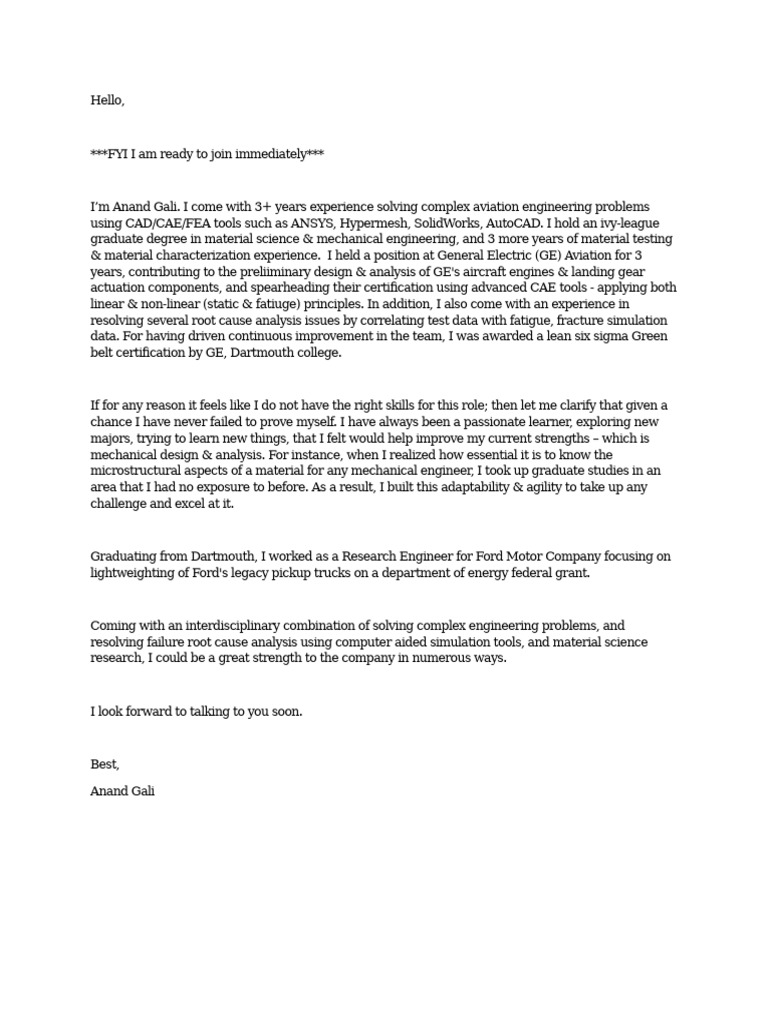 Cover Letter CAE | PDF