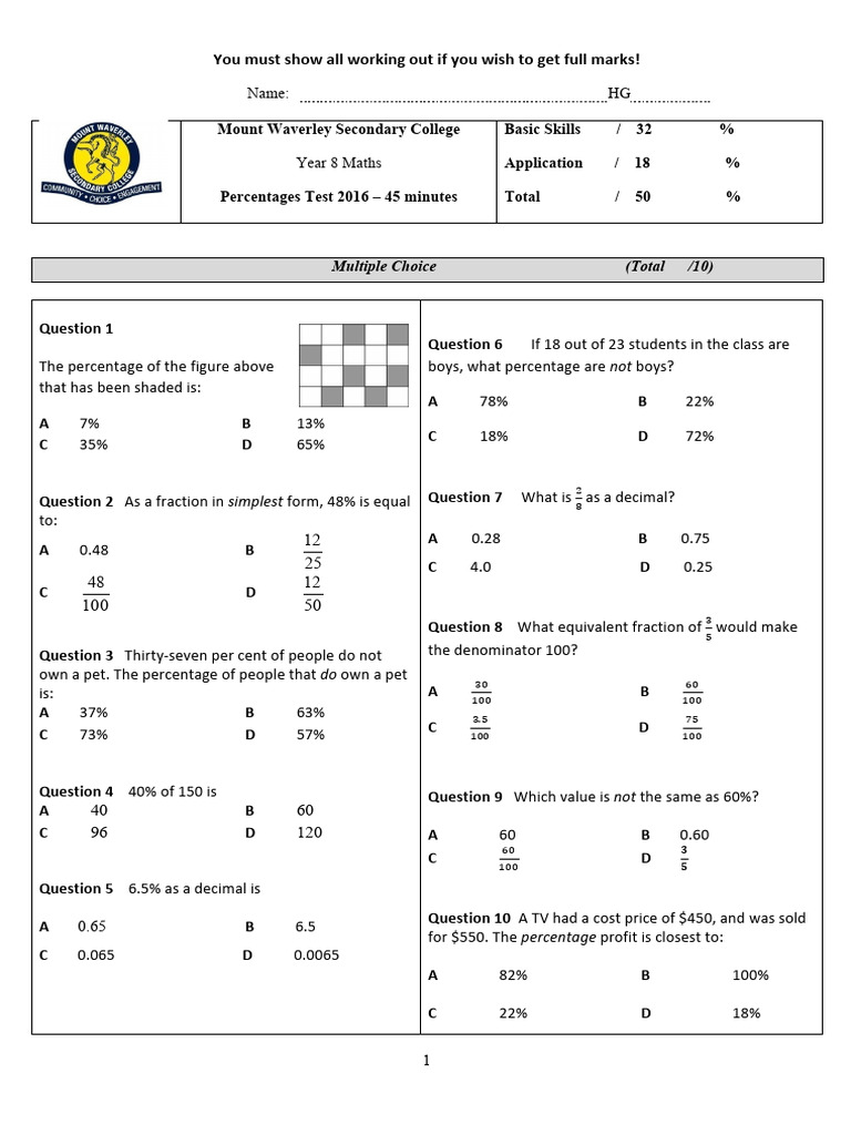 Year 8 Maths Percentages Test 2016 | PDF | Percentage | Cleveland Cavaliers