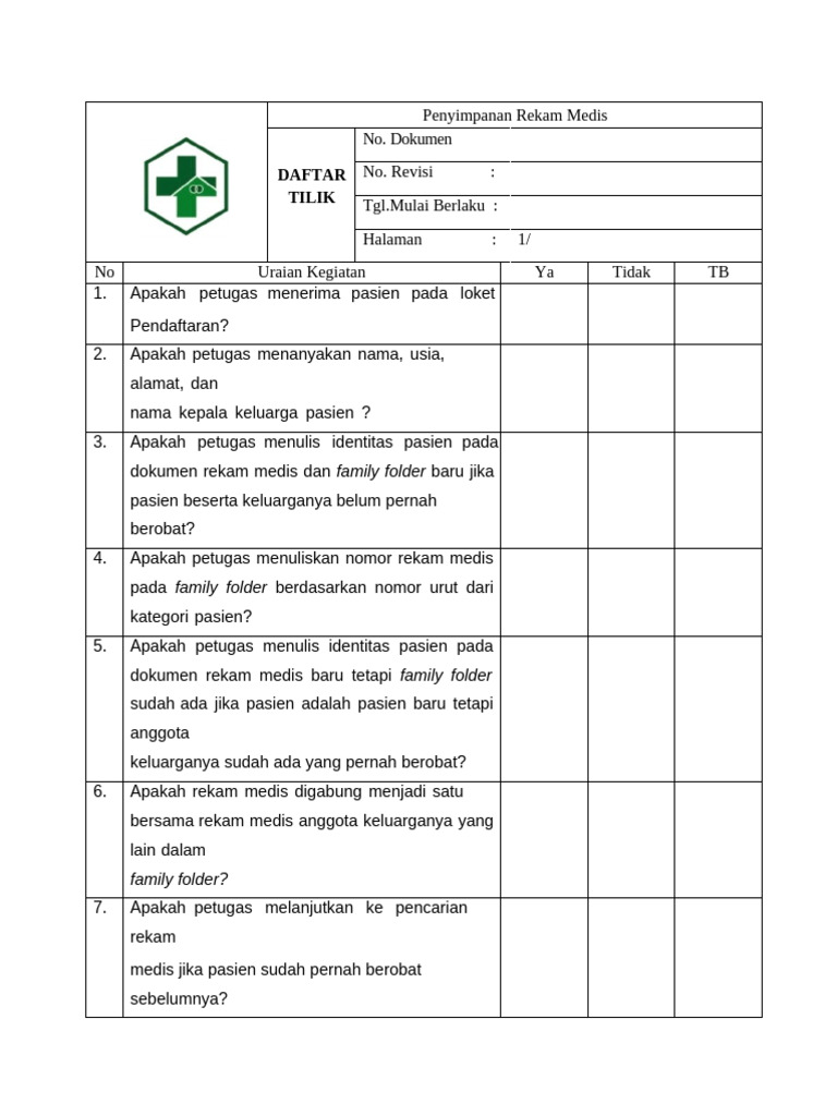 Daftar Tilik Pelayanan Rekam Medis | PDF