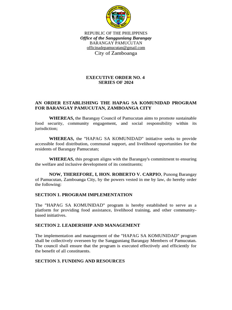 EXECUTIVE ORDER NO. 4 Hapag | PDF | Economies