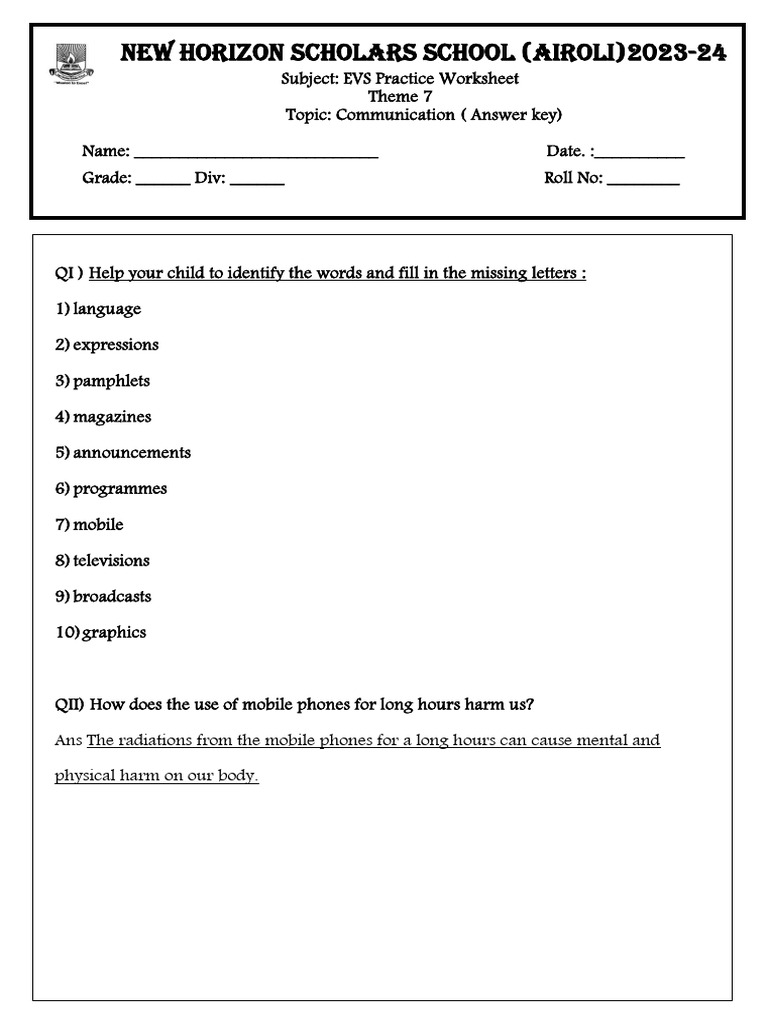 EVS Communication Worksheet | PDF