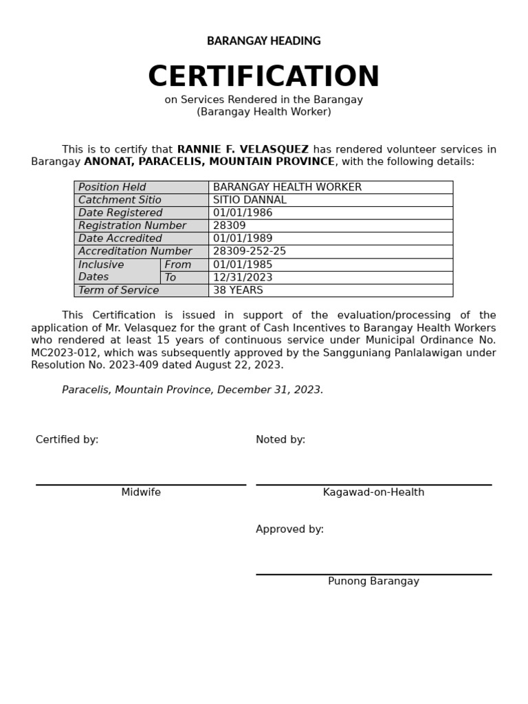 BHW Certification Barangay | PDF