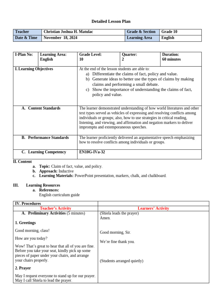 Detailed Lesson Plan different claims | PDF | Learning | Policy