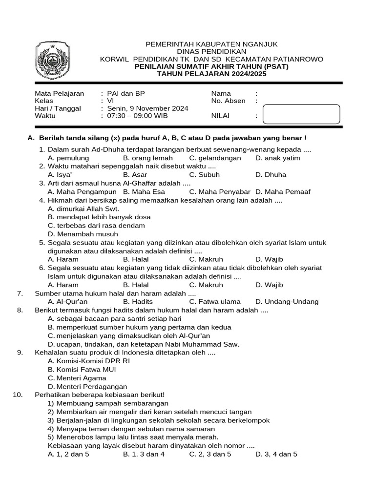 Soal Psat Pai SD Kelas 6 | PDF