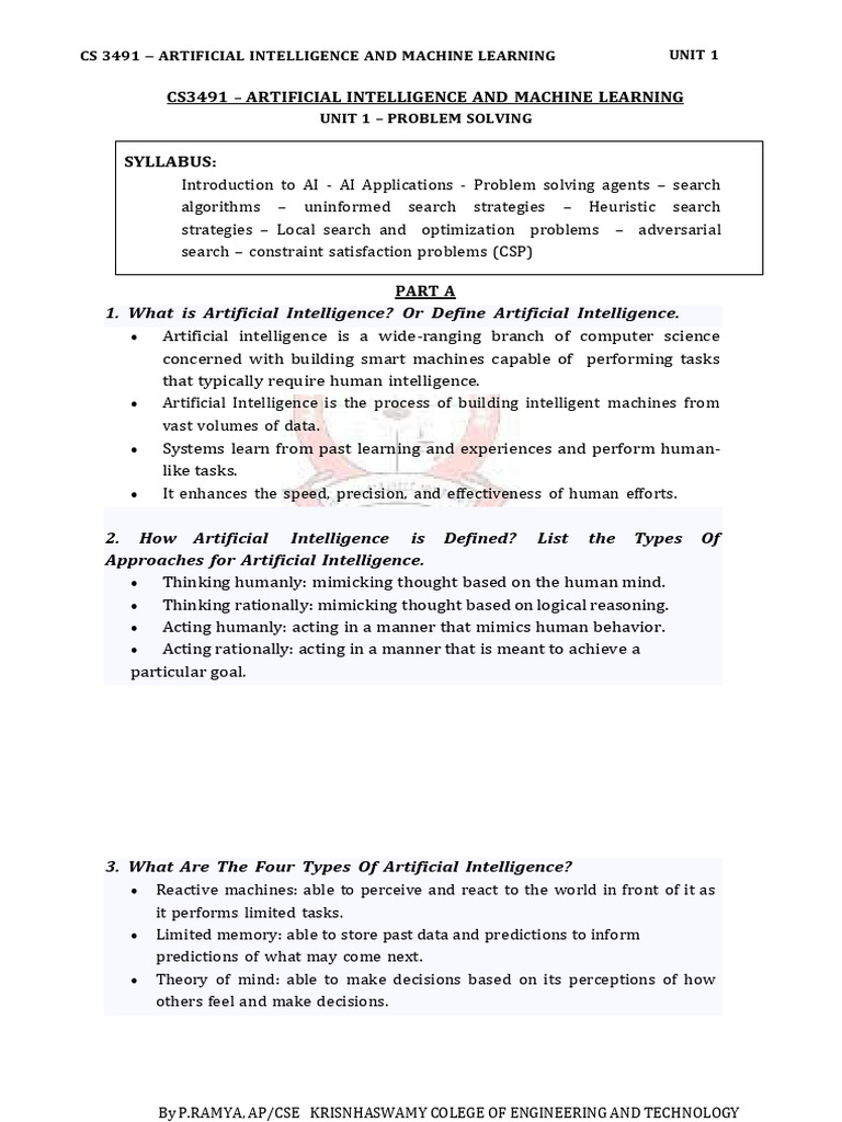 CS 3491 AIML UNIT 1 NOTES | PDF | Artificial Intelligence ...
