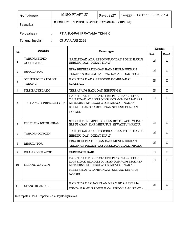 Checklist Inspeksi Blander Potong Gas | PDF