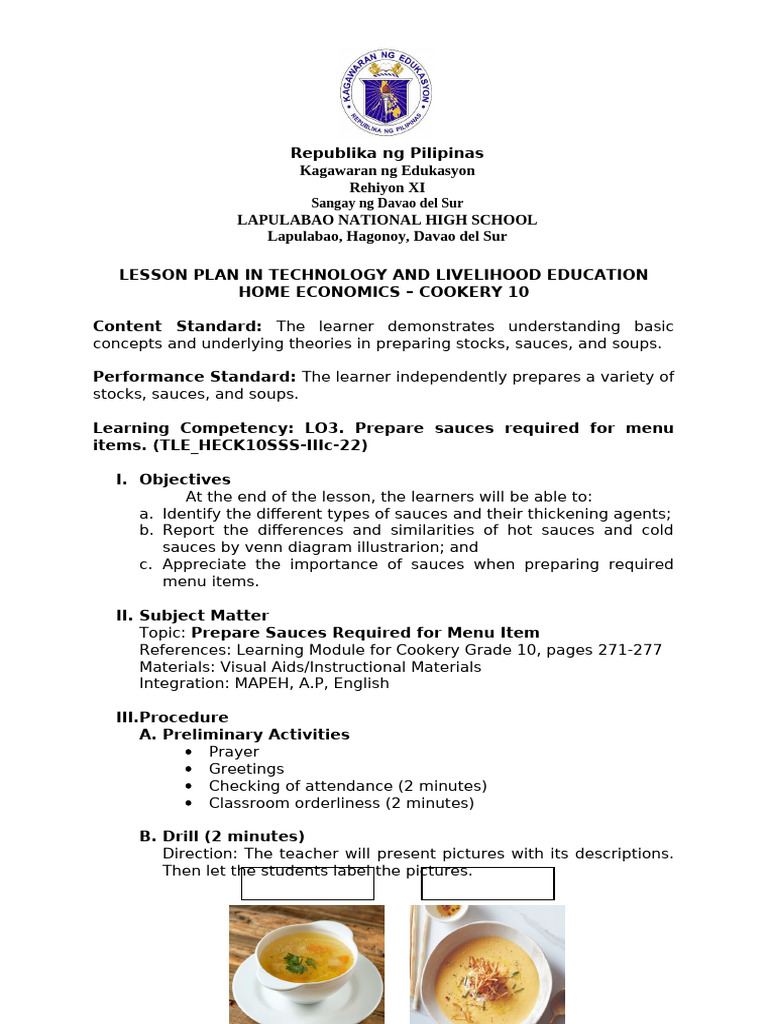 Lesson Plan in Tle Sauces | PDF | Sauce | Soup