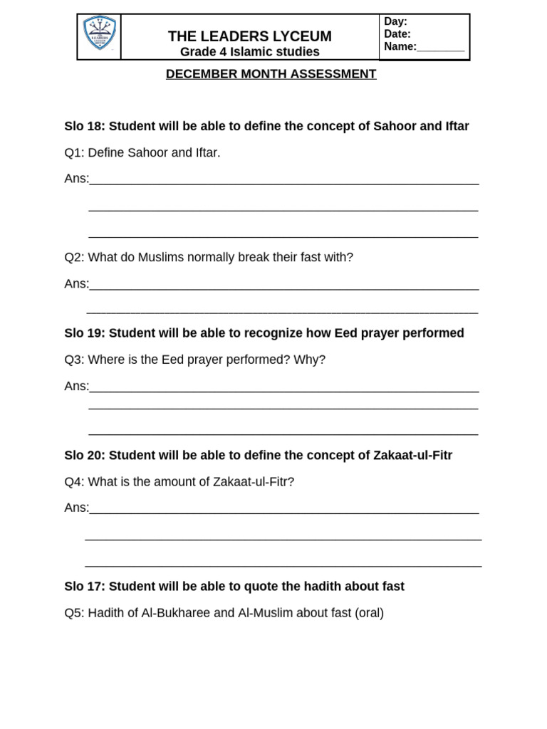 Dec Assessment Islamic Studies g4 | PDF