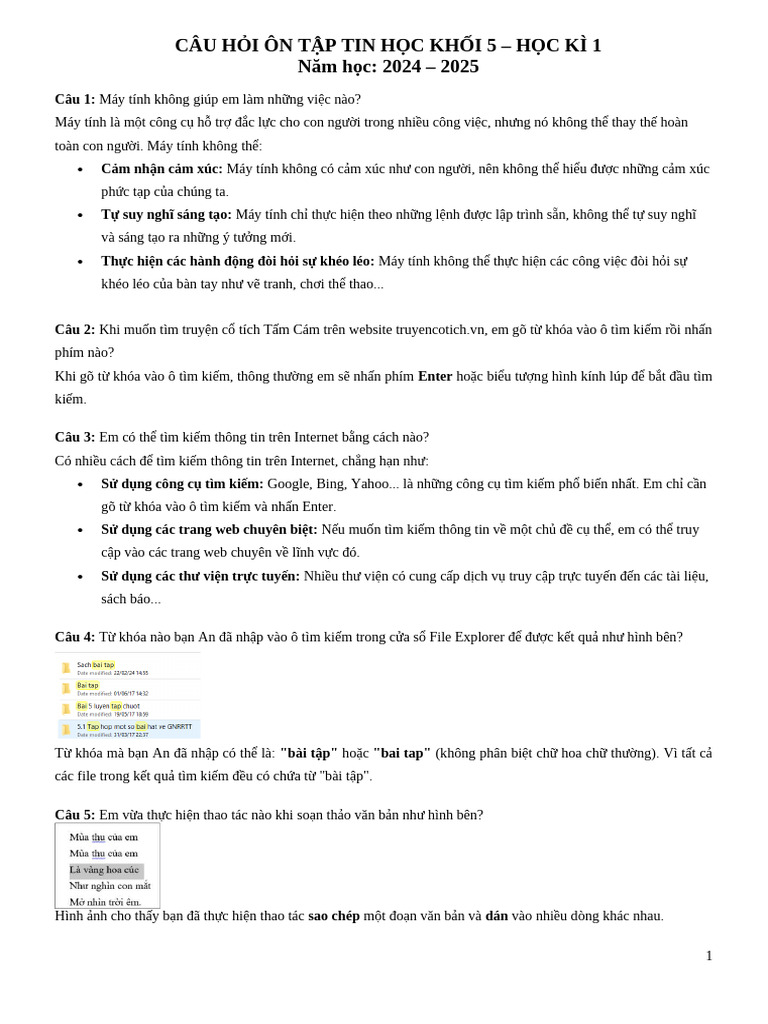 Tin Hoc - KHOI 5 - CAU HOI ON TAP HK1 - 24-25 | PDF