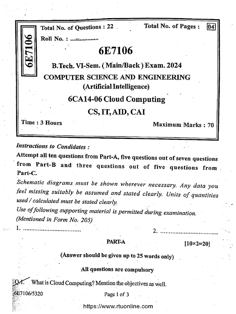Btech Cs It 6 Sem Cloud Computing 6e7106 2024 | PDF