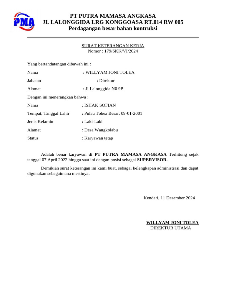 SK KERJA PT MAMASA (1) | PDF