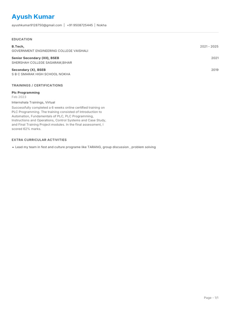 Ayush Kumar Resume: Education & Skills | PDF