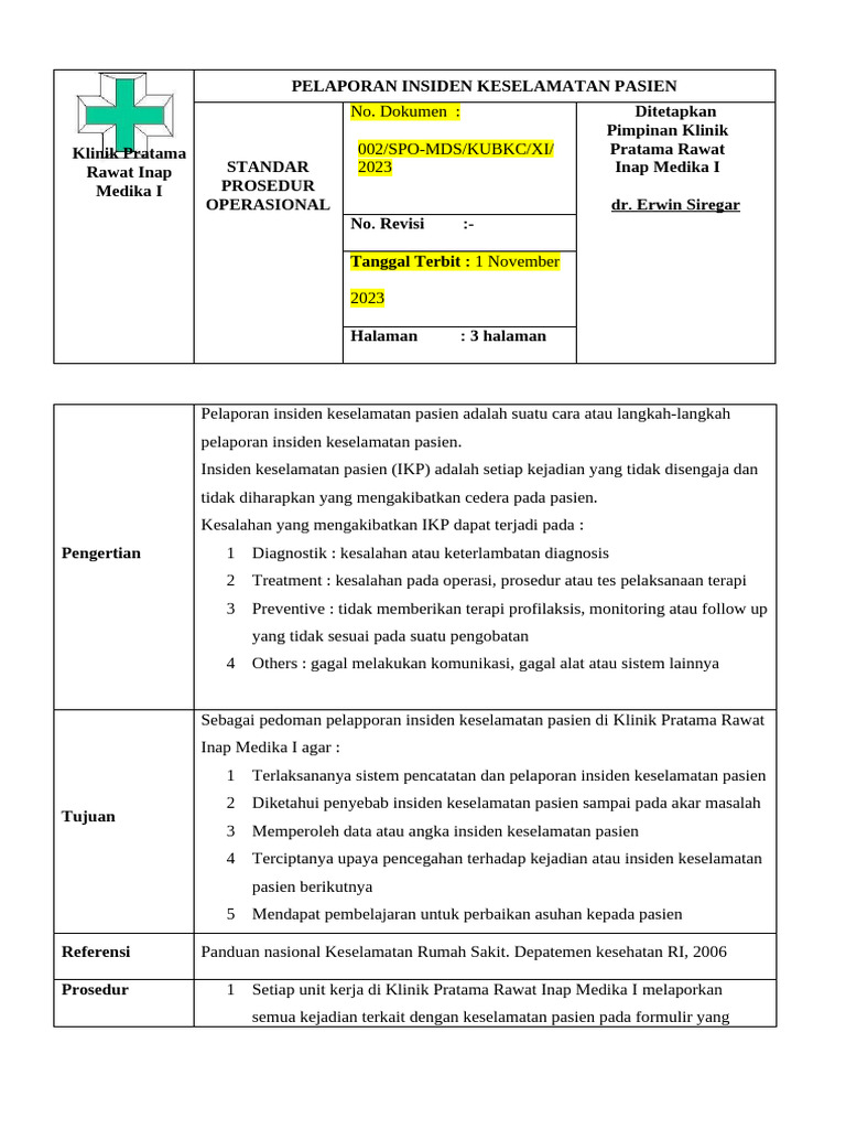 Contoh Spo Insiden Keselamatan Pasien | PDF