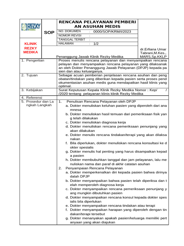 Sop Rencana Asuhan Keperawatan | PDF