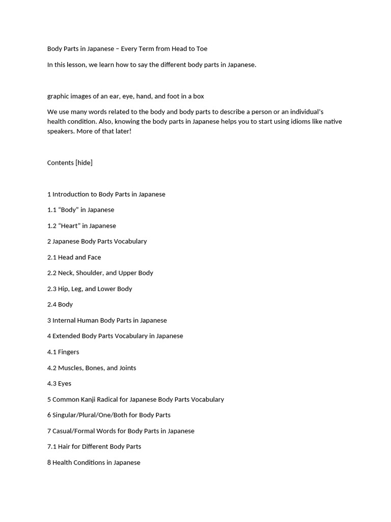 Japanese Body Parts Vocabulary Guide | PDF | Japanese Language | Human ...