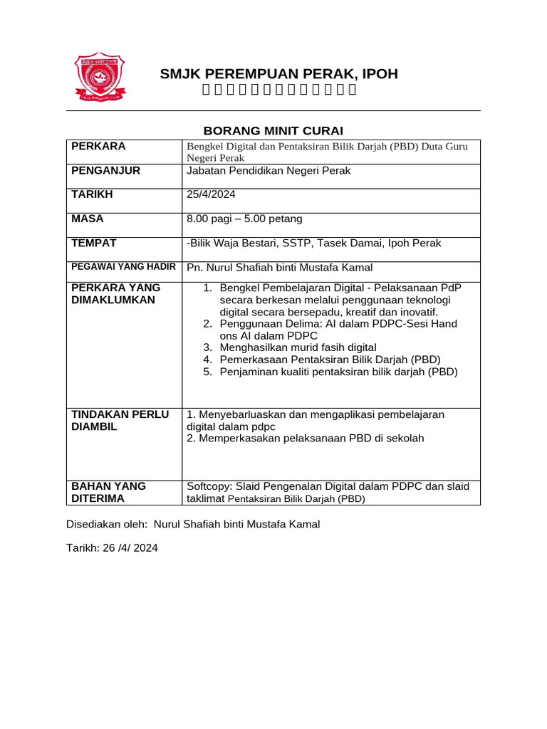 BORANG MINIT Curai Bengkel PDG 2024 | PDF