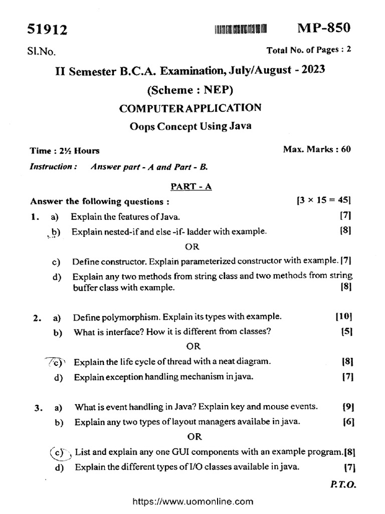Bca 2 Sem CA Oops Concept Using Java MP 850 Aug 2023 | PDF