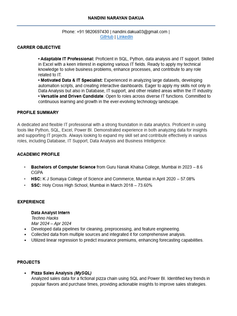 Nandini Dakua Resume | PDF | Business Intelligence | Data Analysis
