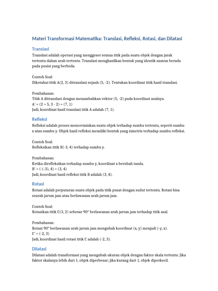 Materi Transformasi Matematika Translasi Refleksi Rotasi Dilatasi | PDF