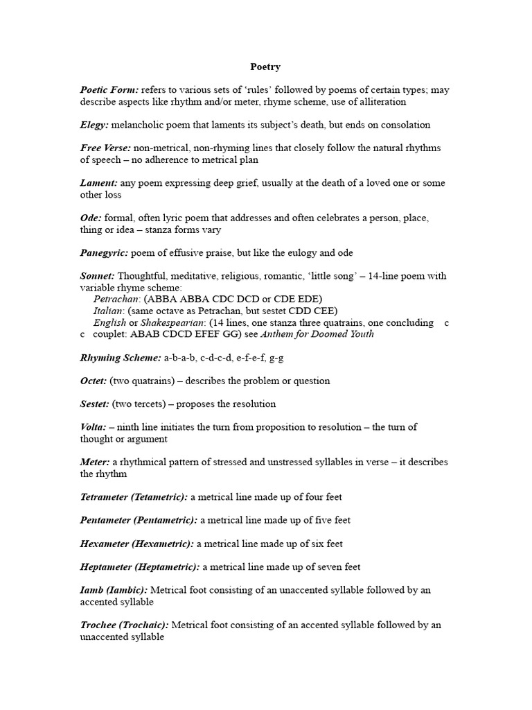 Poetry Terms Defined Describe Explained | PDF | Metre (Poetry) | Poetry