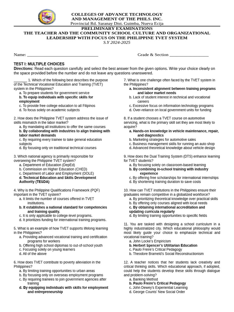 Prelim Examination - The Teacher and The Community, School Culture and ...