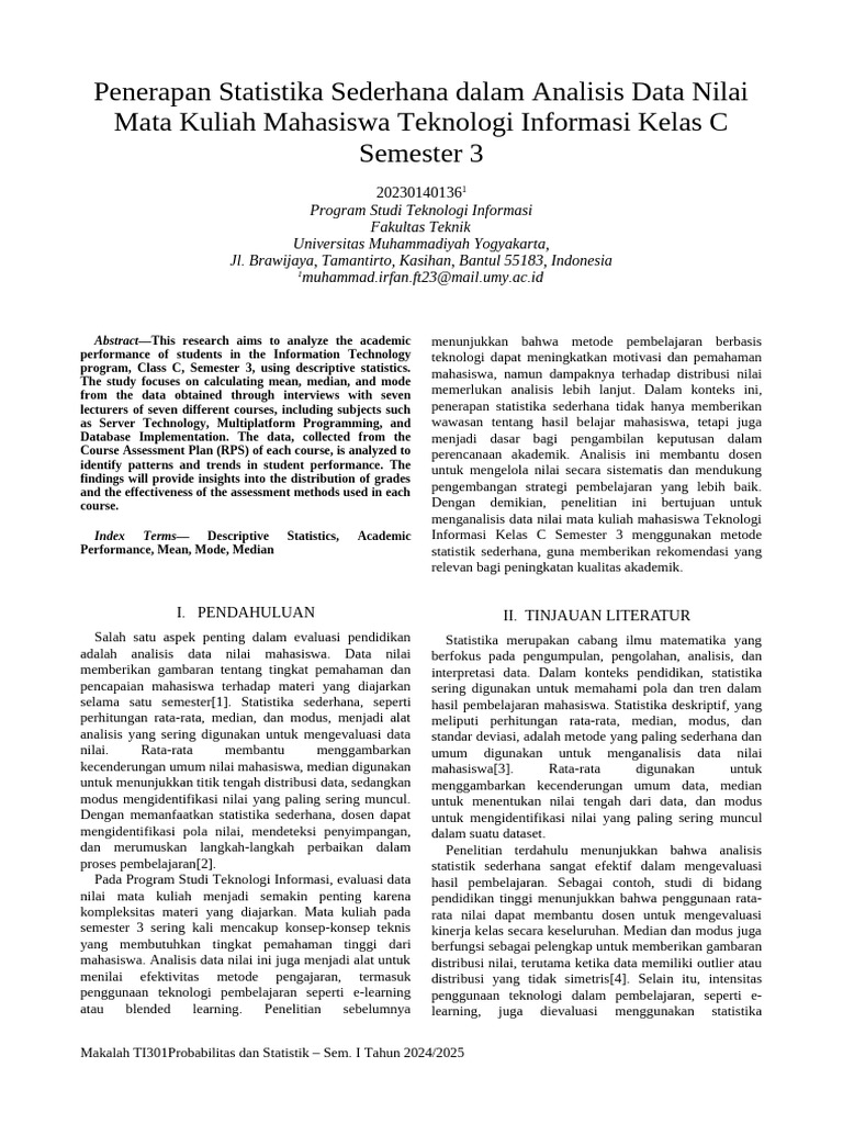 Penerapan Statistika Sederhana dalam Analisis Data Nilai Mata Kuliah Mahasiswa Teknologi ...