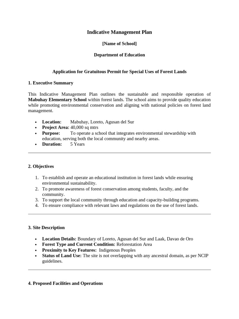 Indicative Management Plan for Mabuhay School | PDF | Sustainability ...