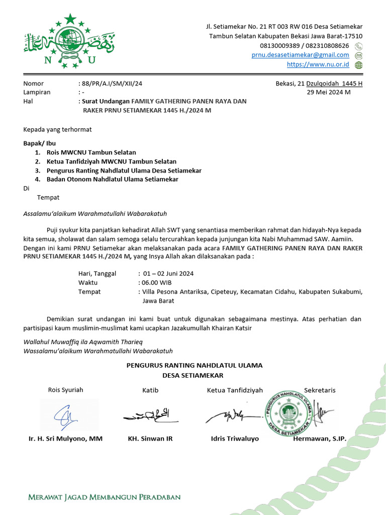 Surat Undangan FAMILY GATHERING PANEN RAYA DAN RAKER PRNU SETIAMEKAR ...