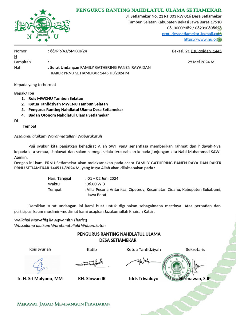 Surat Undangan FAMILY GATHERING PANEN RAYA DAN RAKER PRNU SETIAMEKAR 1445 H.2024 M (Rev) | PDF