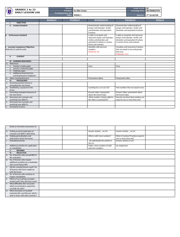 DLL - Mathematics 3 - Q3 - W1 | PDF | Learning | Education Theory