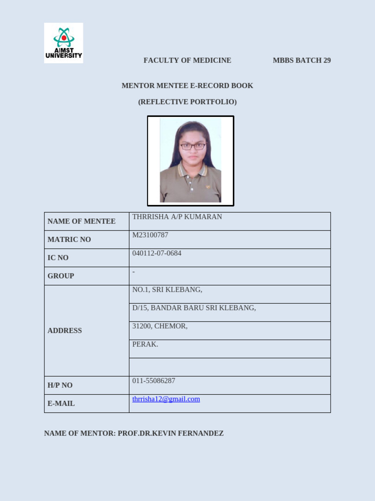 Mentor Mentee-E-Record Book-Reflective Portfolio - MIHS | PDF | Medical School | Learning