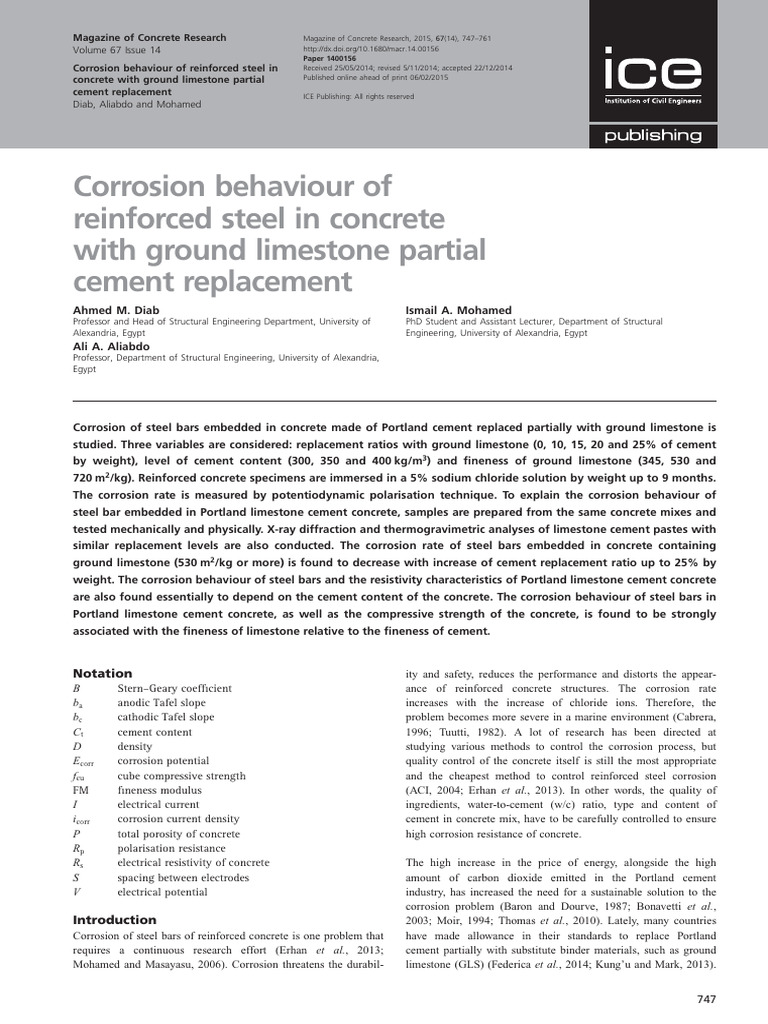 (Diab) Corrosion Behaviour of RC With Ground Limestone Partial Cement ...