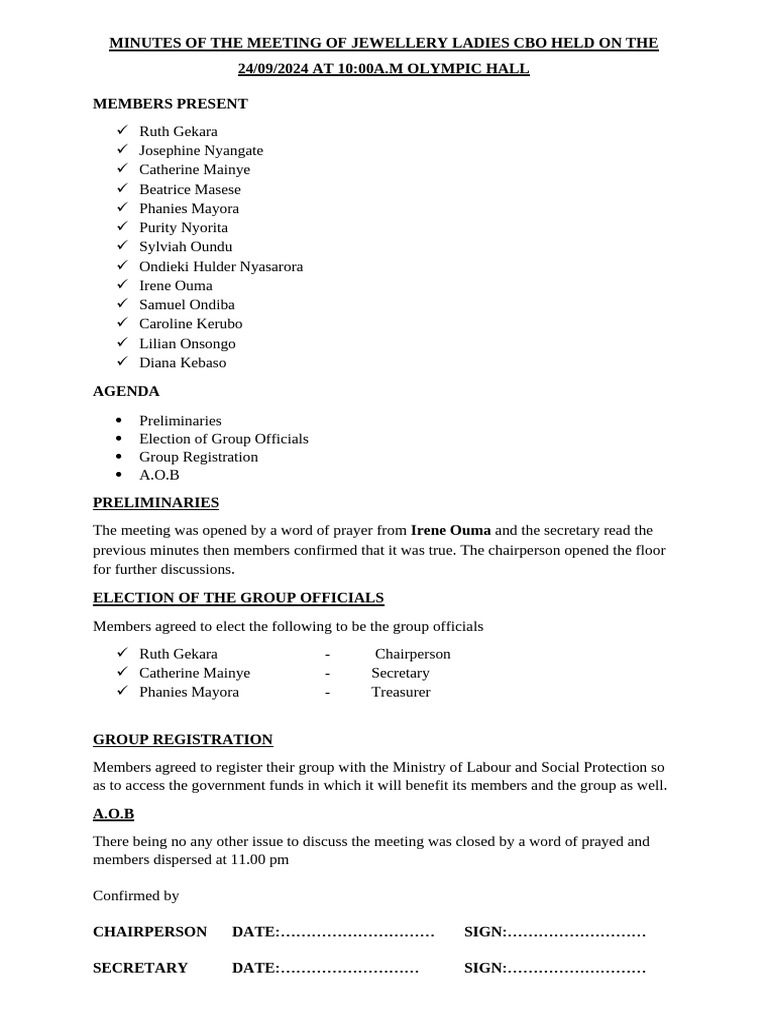 Group Registration Minutes JEWELLERY LADIES CBO | PDF